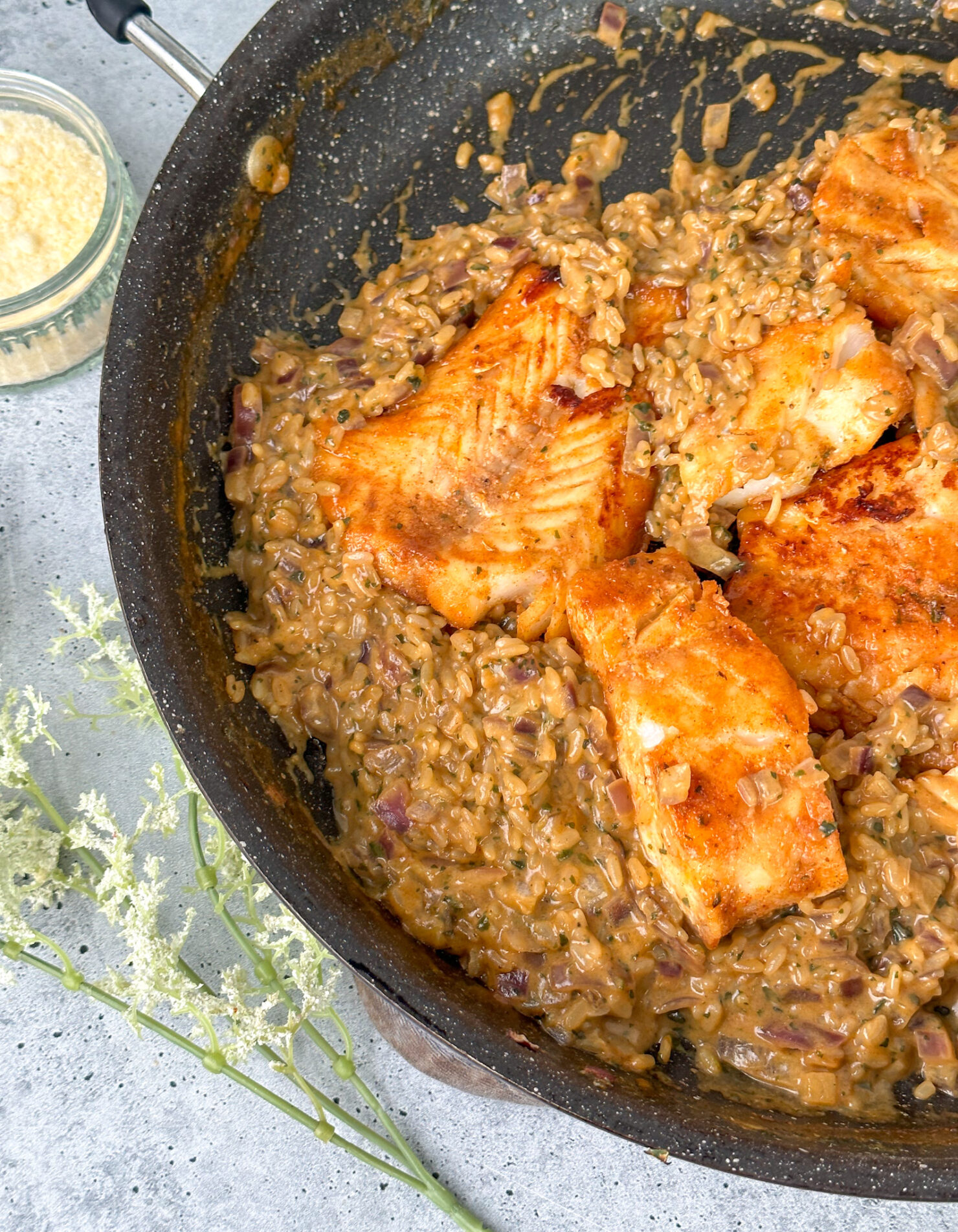 One Pan Blackened Cod and Creamy Garlic Risotto - The Tasteful Tribe