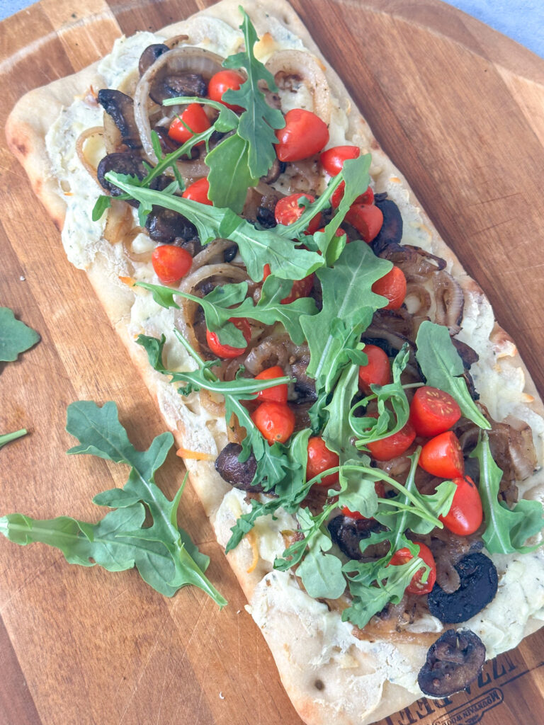 Easy Caramelized Onion and Mushroom Flatbread Pizza - The Tasteful Tribe